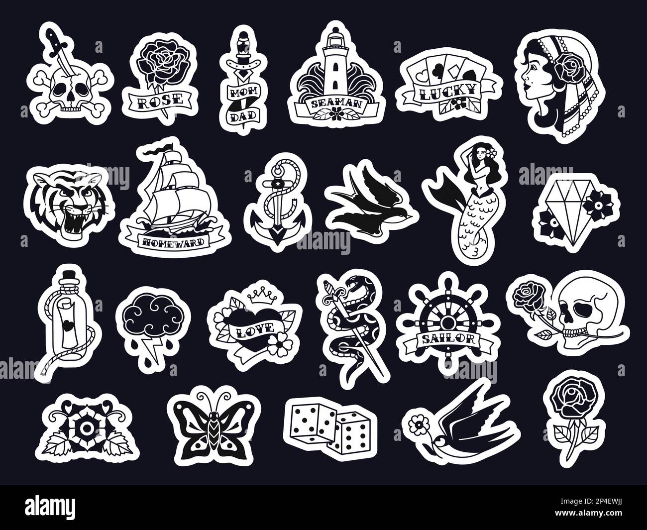 Old school tattoo. Retro sailor black outlines tattooing style ...