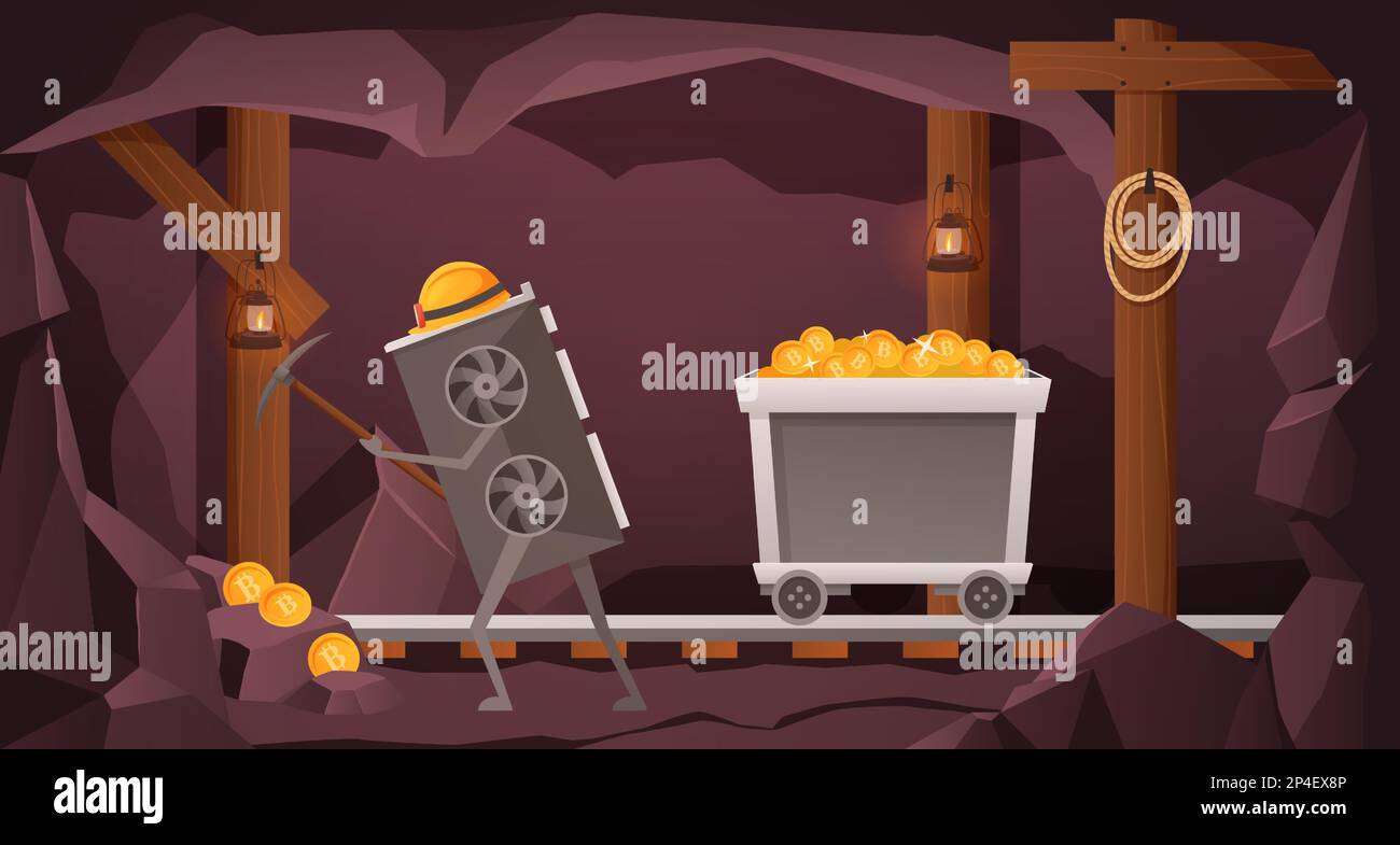 Gpu Crypto Mining Graphic Card Miner Worker Character Mining Bitcoins Digital Currency In Mine