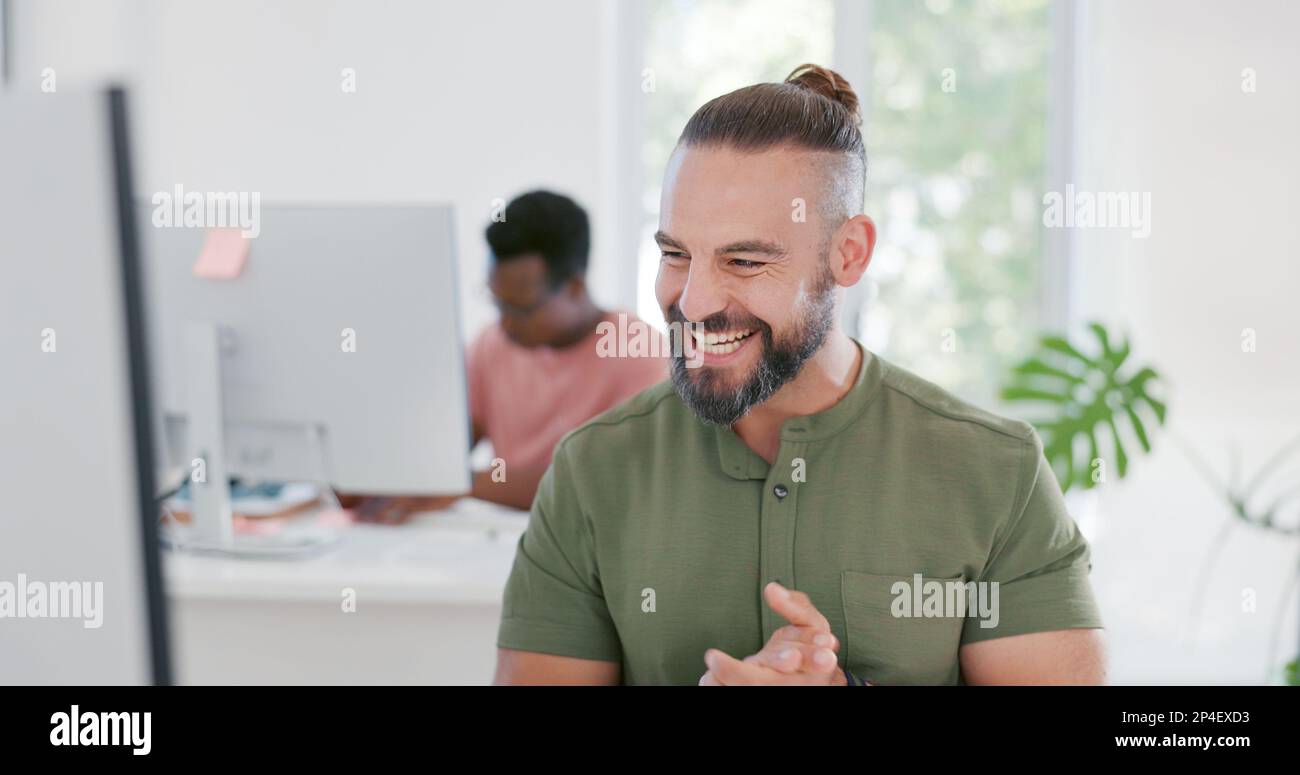 Computer, success and applause of business man celebrating goals ...