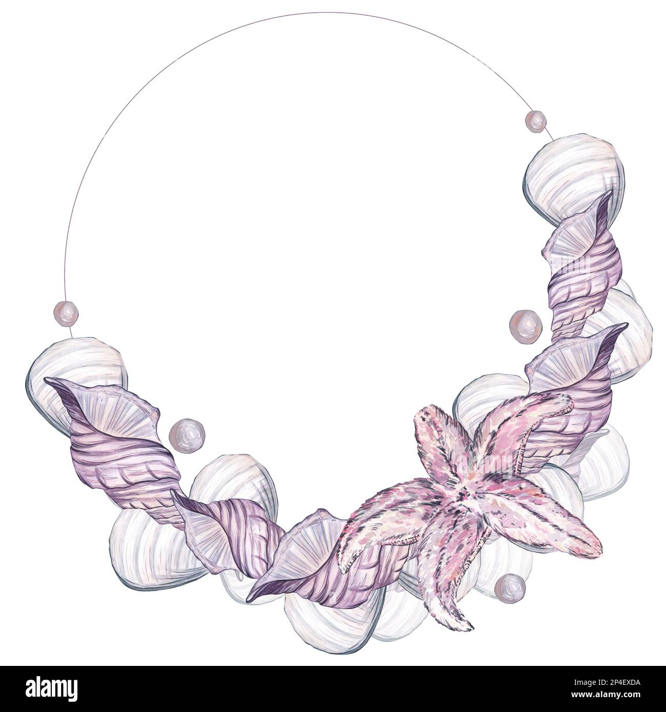 Round frame made of seashells, pearls, starfish and scallop in a ...