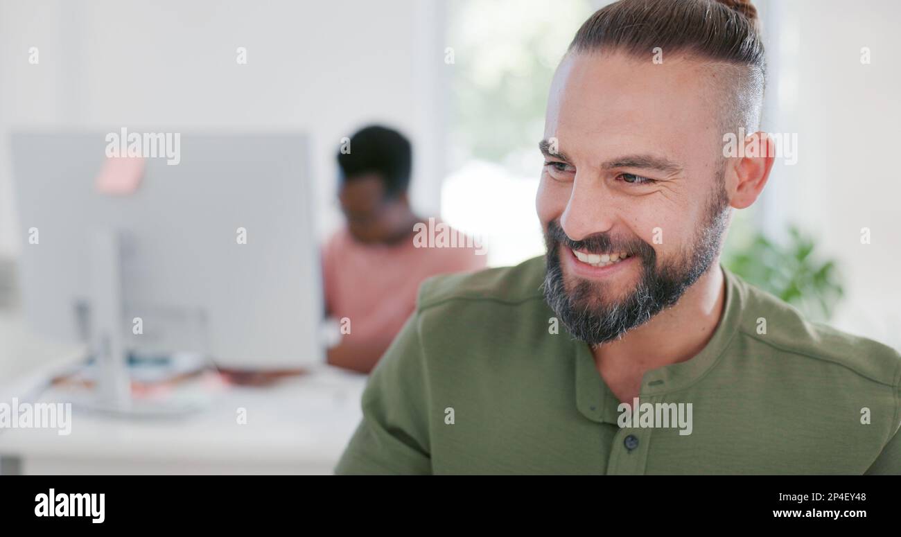 Employee, laughing and worker is happy or businessman at work in the ...