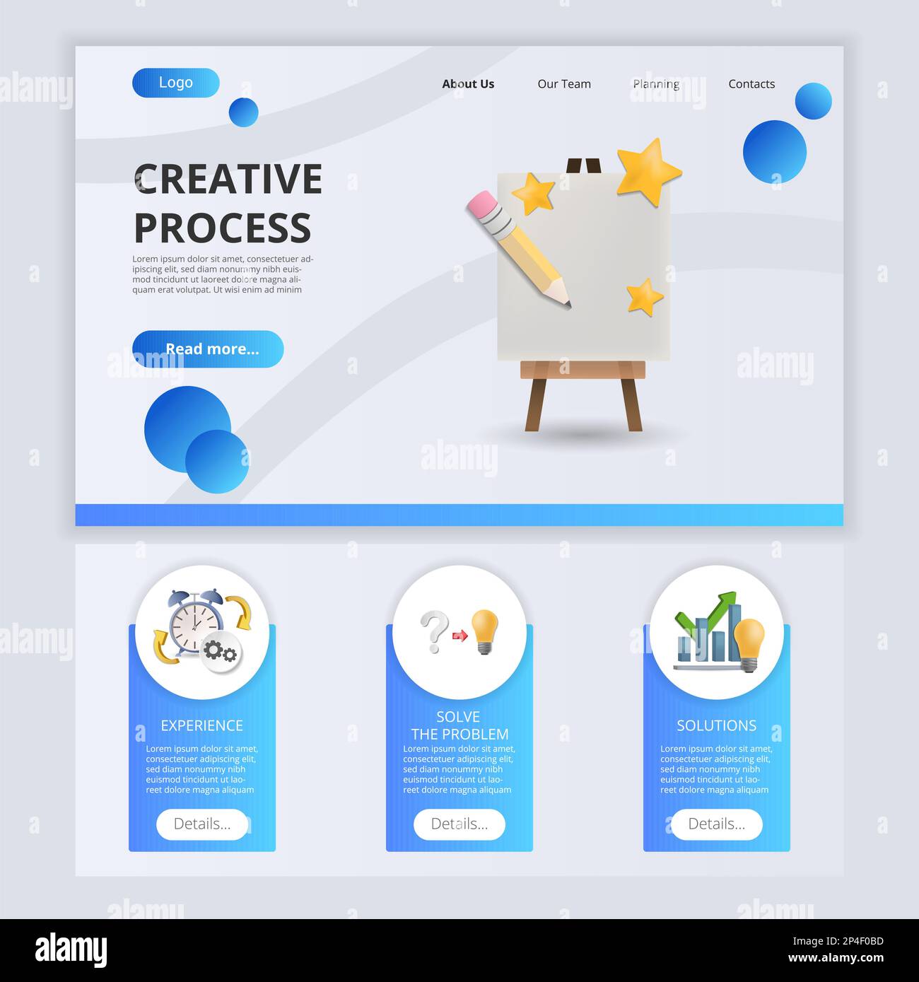 Creative process flat landing page website template. Experience, solve the problem, solutions ...