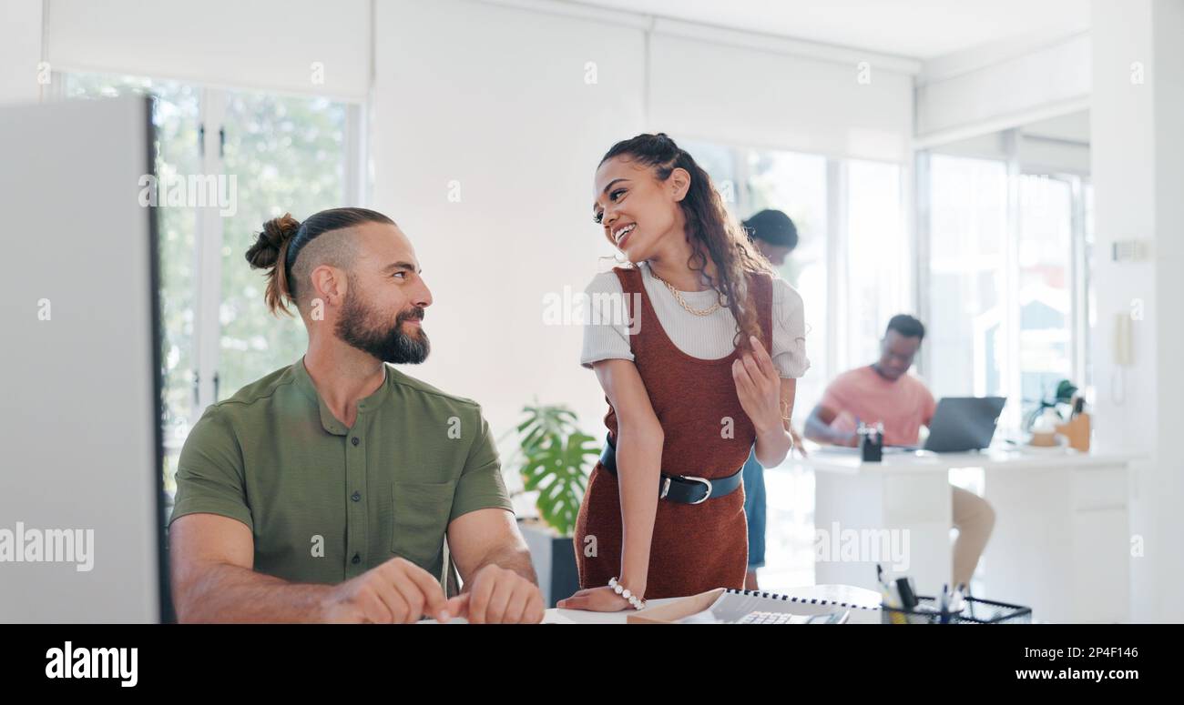 Flirting, laughing and talking business people at work, funny ...