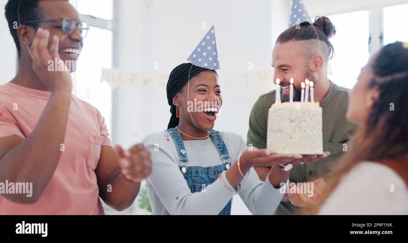 Happy birthday, celebration and business people excited, party and wow ...