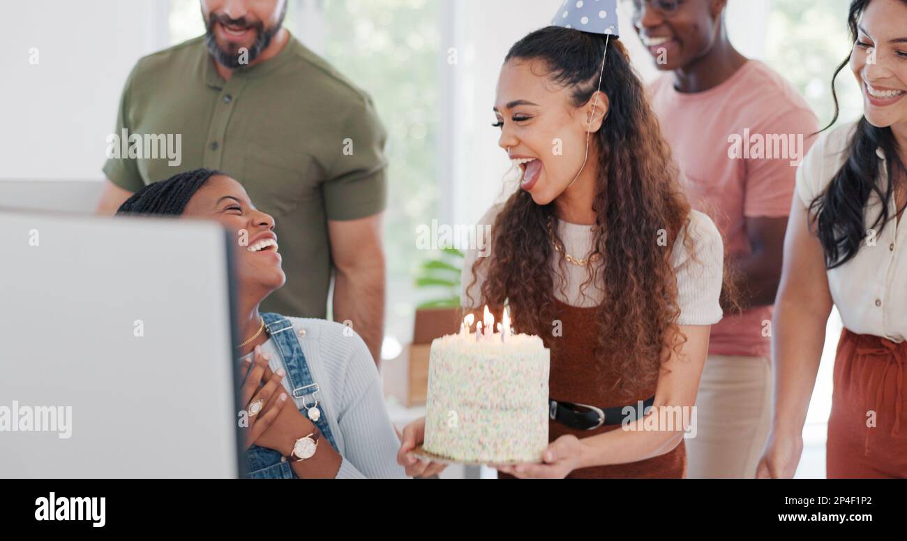 Creative business people, birthday and team applause in celebration ...