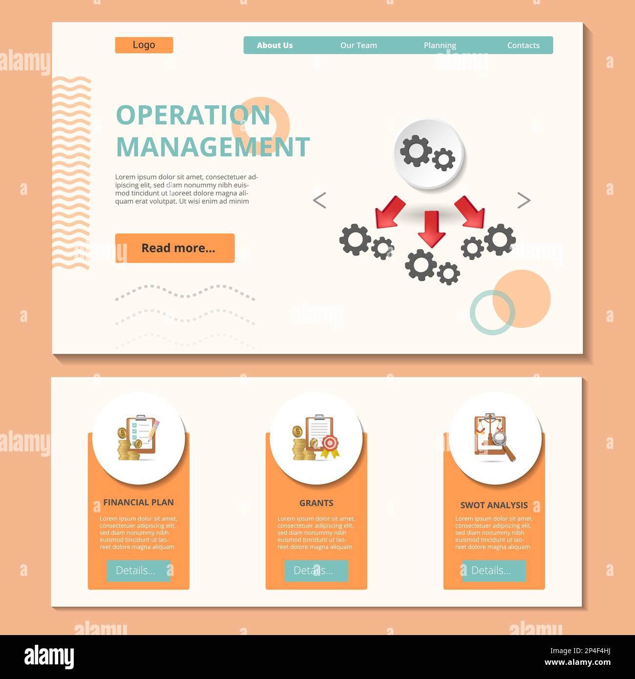 Operation management flat landing page website template. Financial plan ...