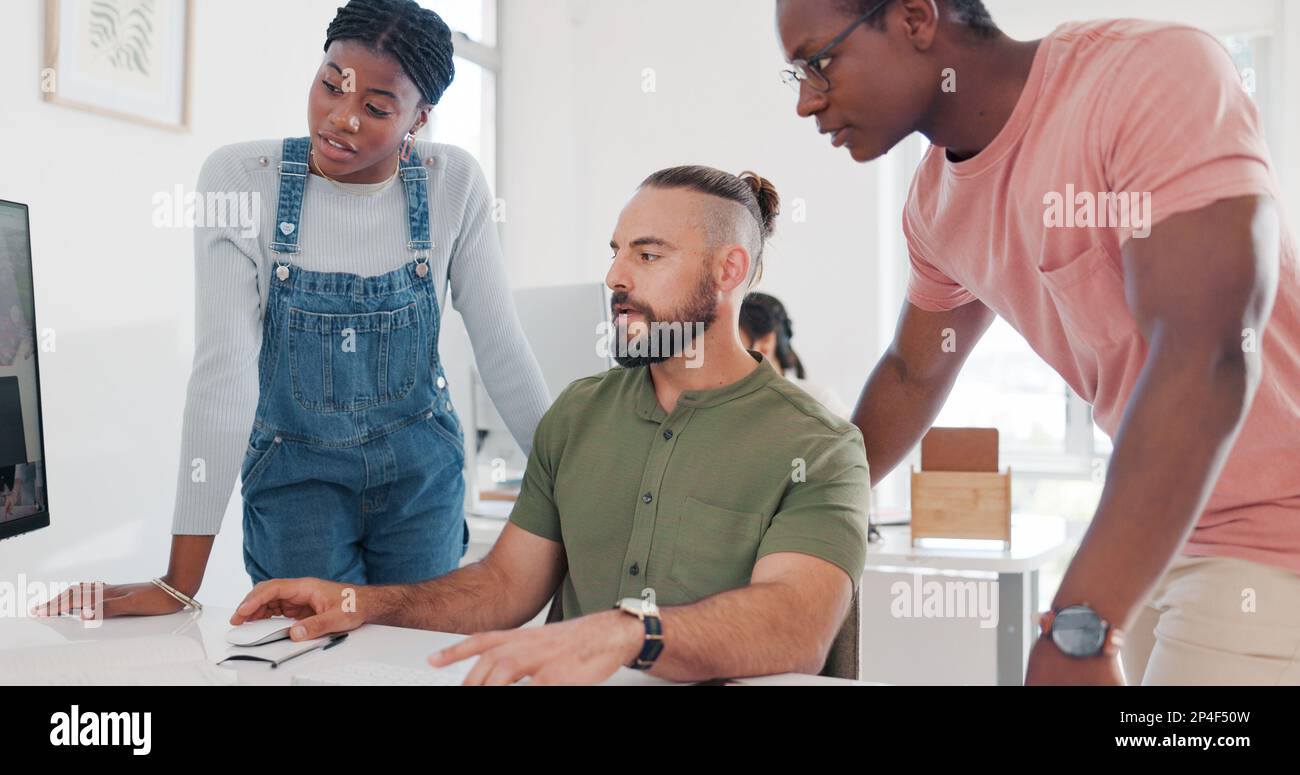 Training, coaching and business people with computer in office for ...