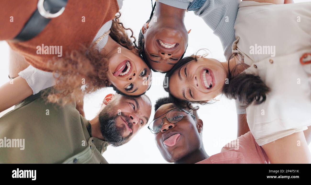 Diversity, teamwork and comic with business people from bottom for ...