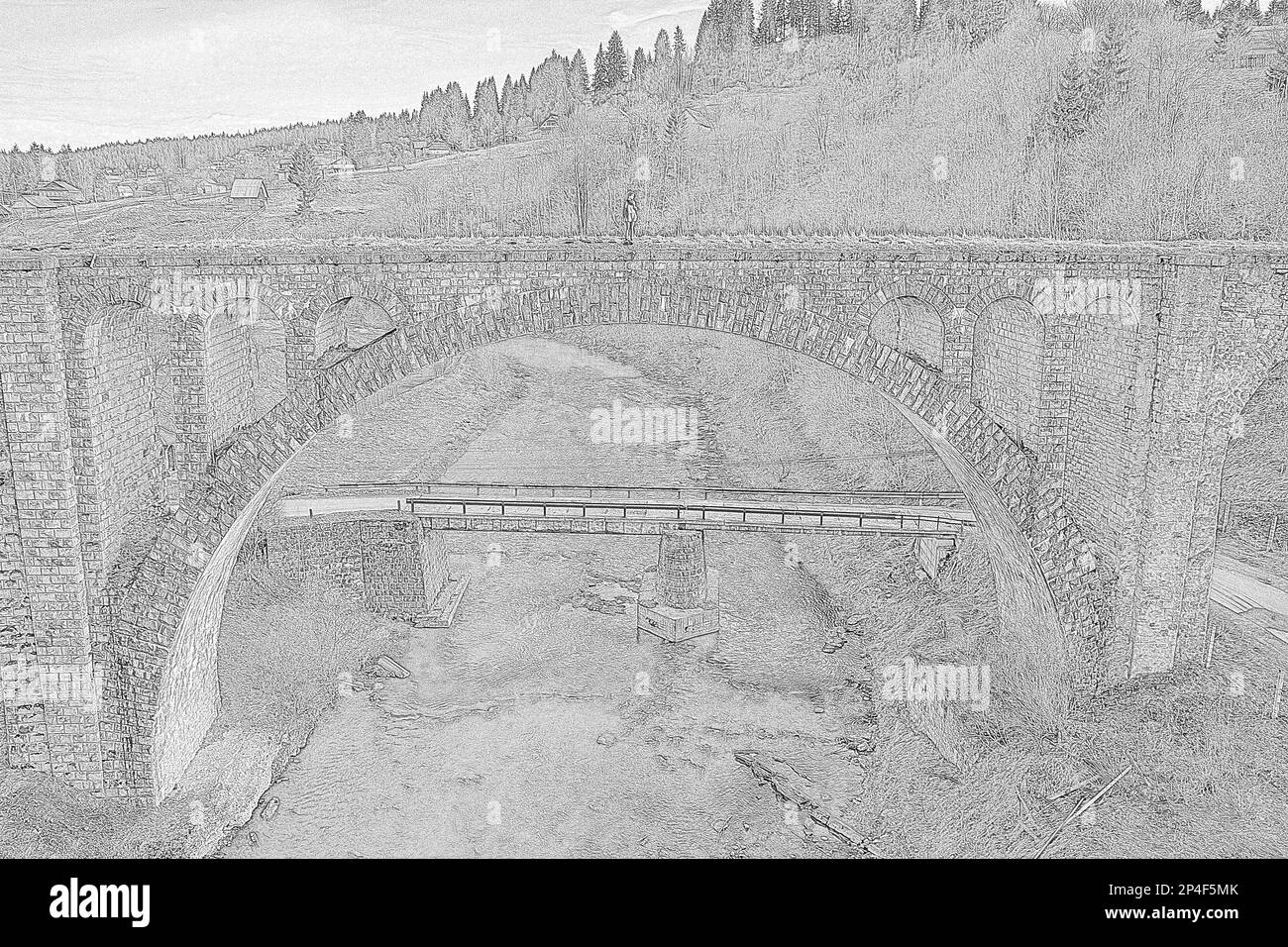 Woman standing on brick bridge in Dragobrat engraving hand drawn sketch ...