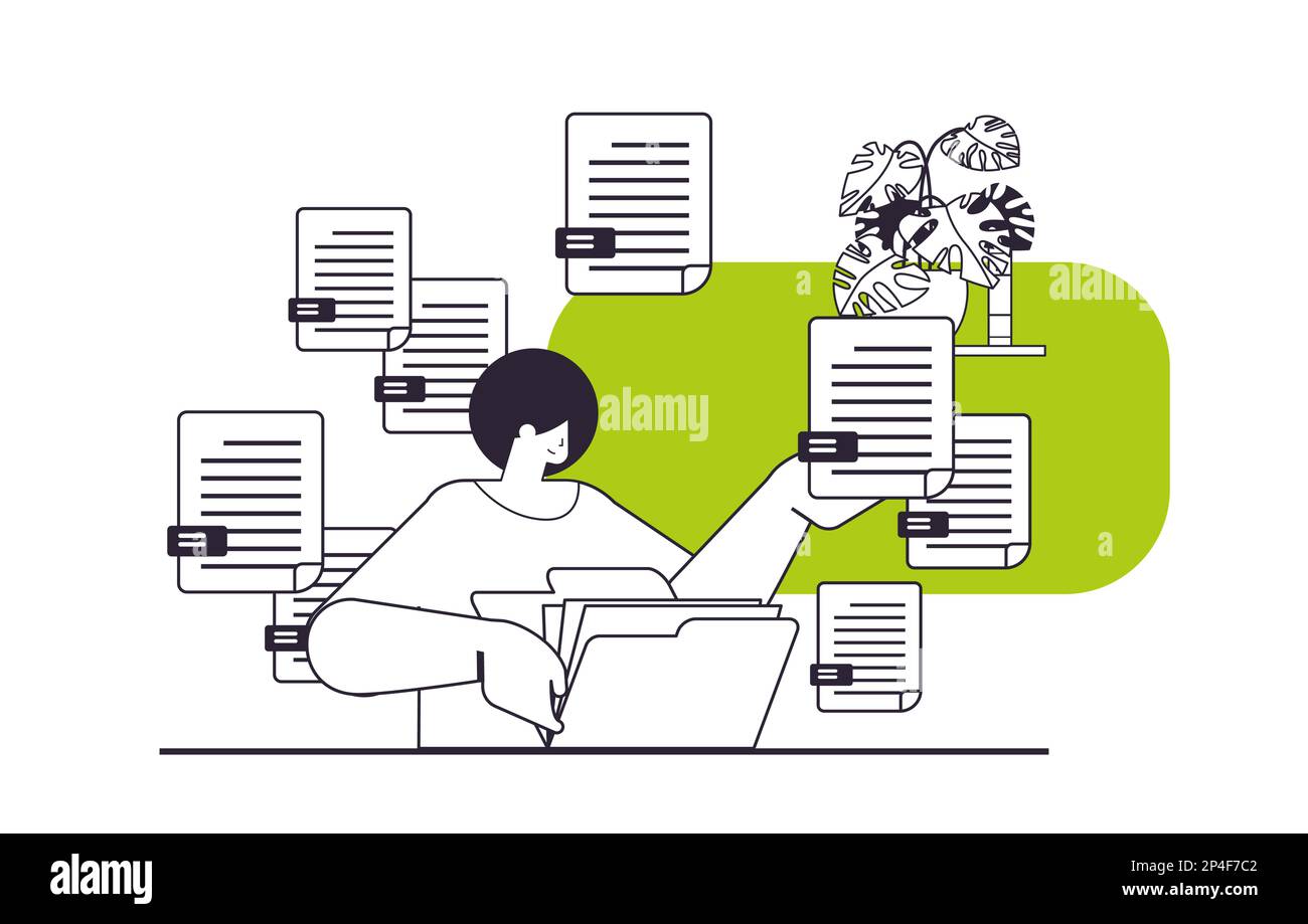 woman sorting documents female secretary organizing folder file management paperwork data ...