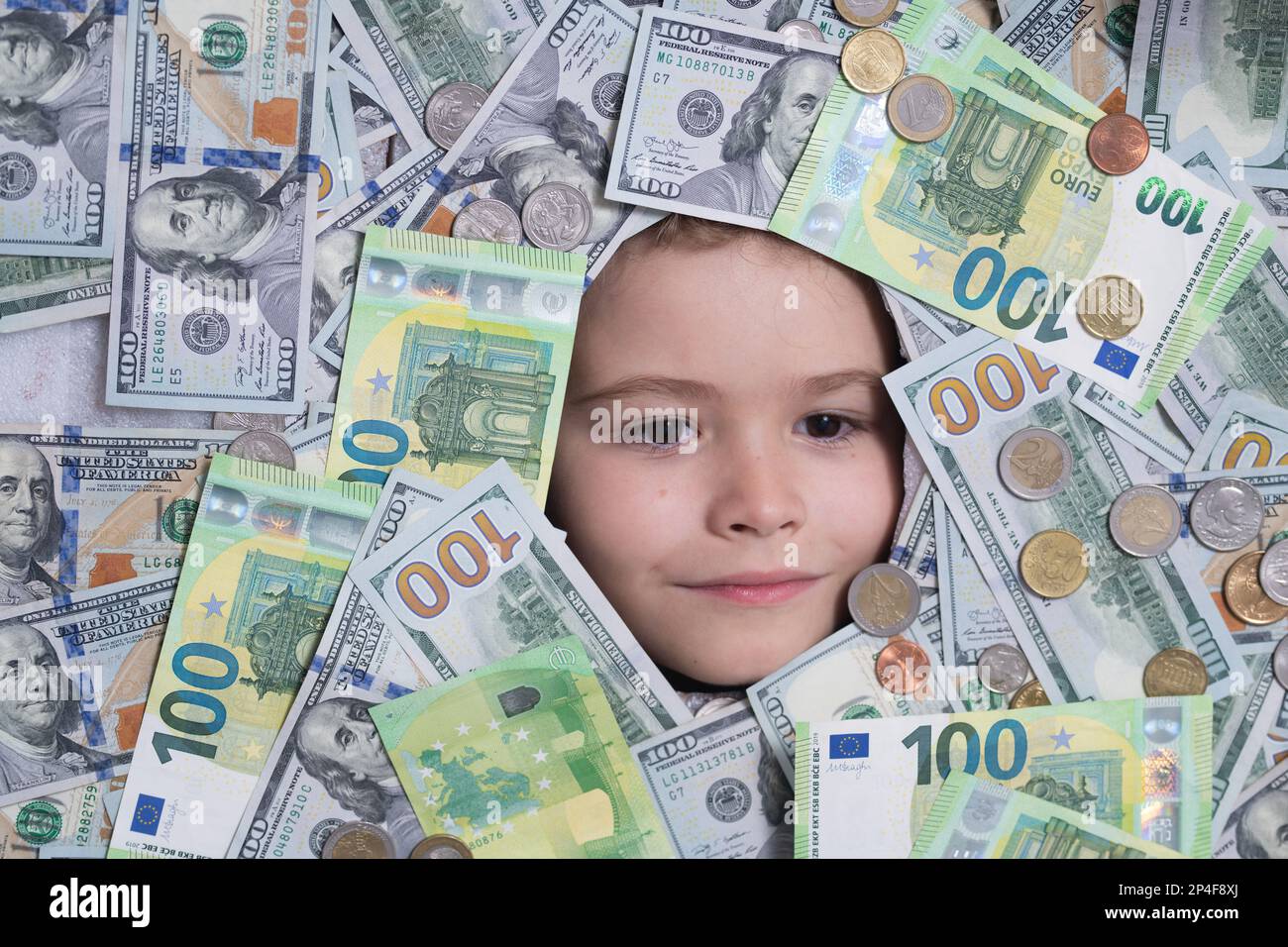 Euro and dollar concept. Funny child with fun face with money. Kid ...