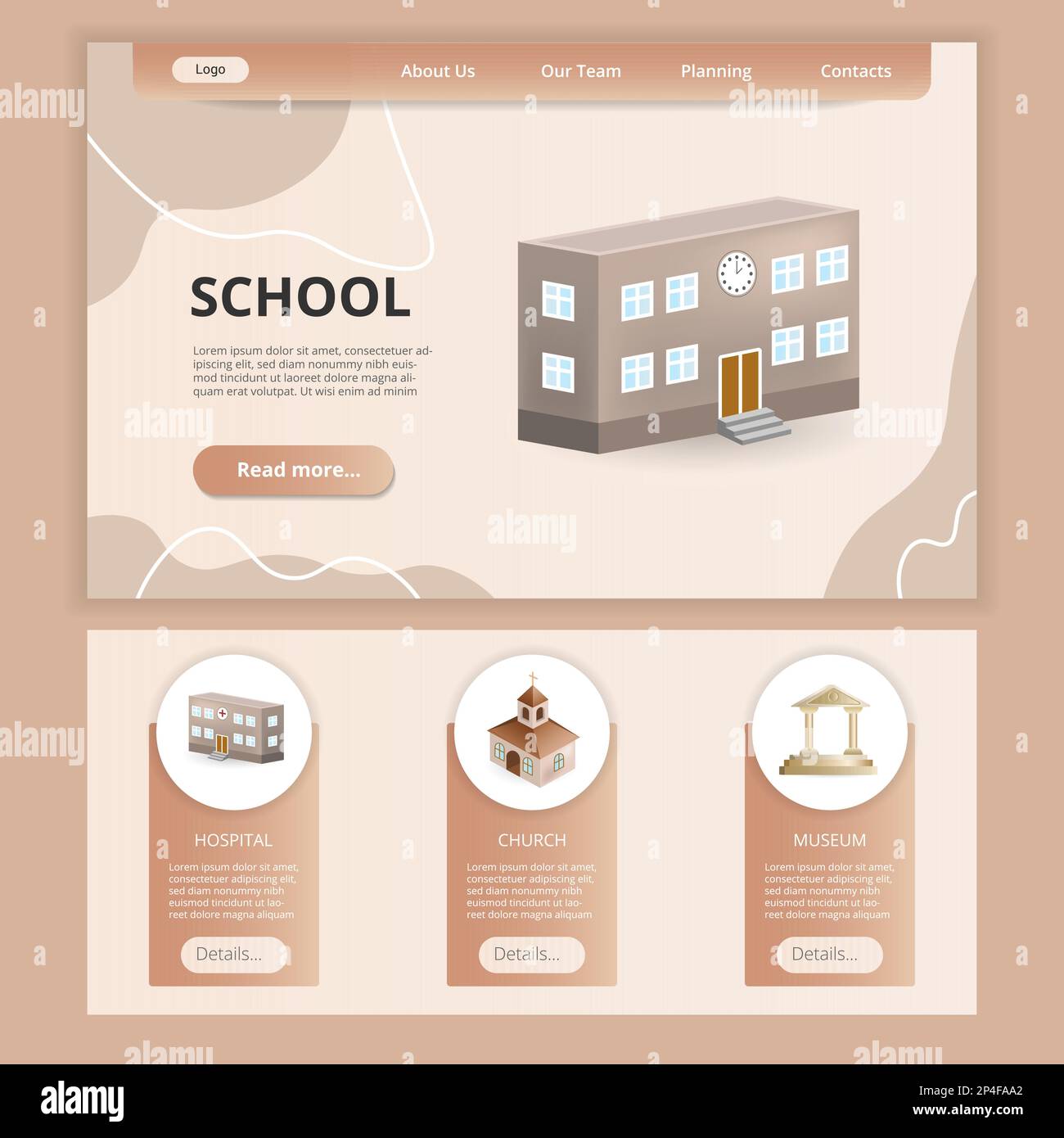 School flat landing page website template. Hospital, church, museum ...