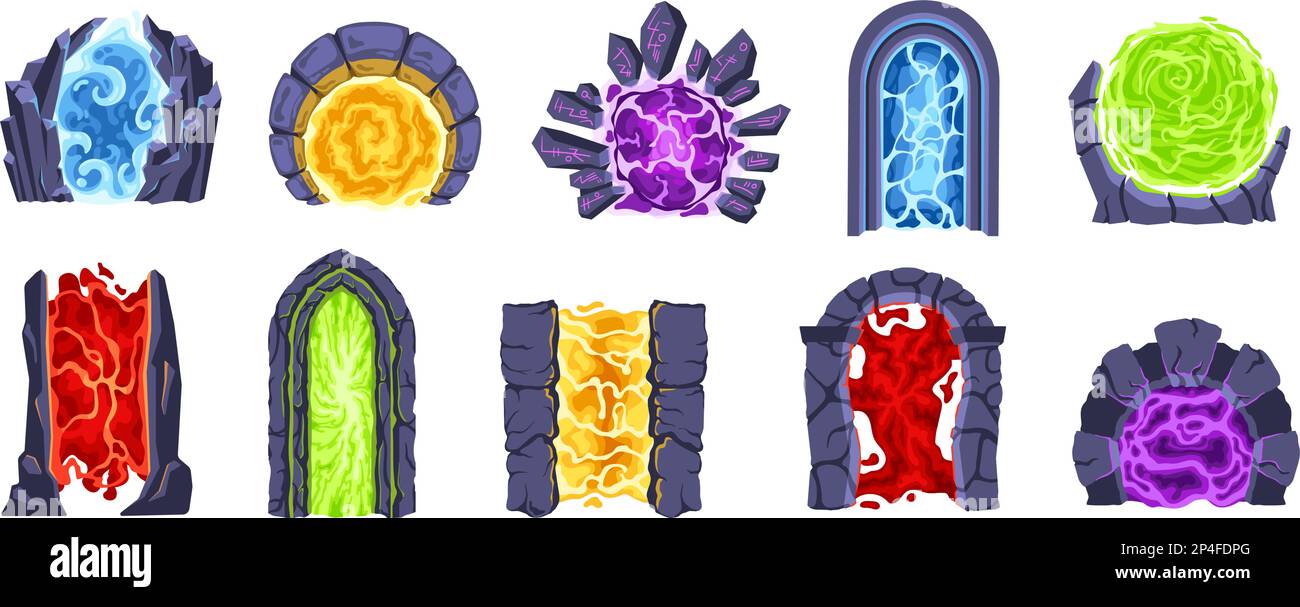 Cartoon portals. Fantasy game gate to another dimensions, magic ...