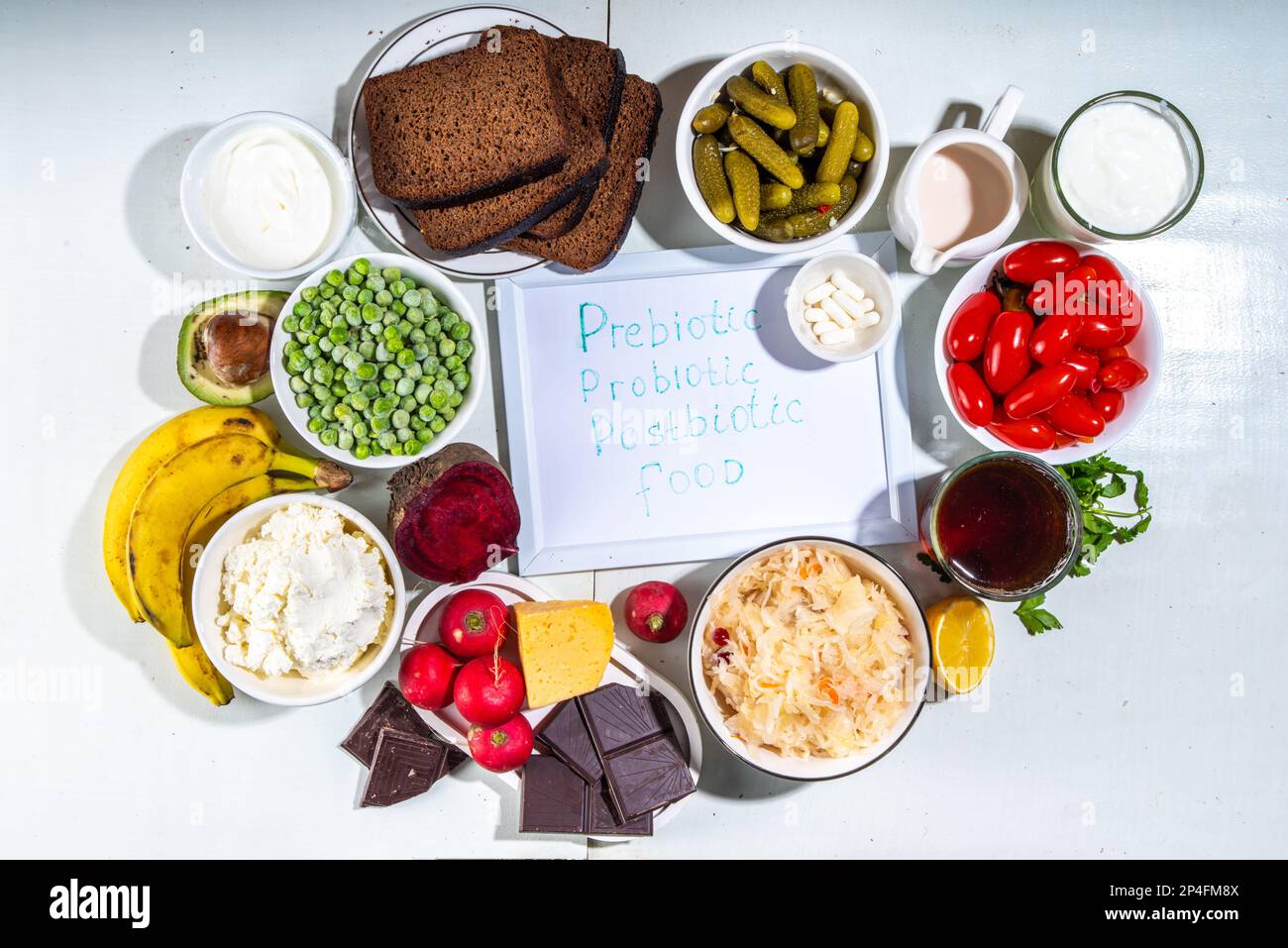 Postbiotic, prebiotic and probiotic food with medicine capsules. Set ...