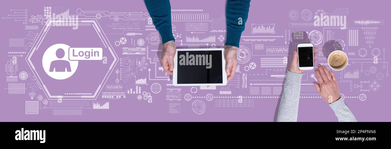 Top view of hands using digital tablet and mobile phone with symbol of ...