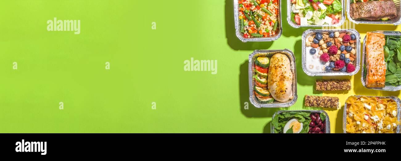 Healthy catering menu, courier food delivery lunch boxes. Beef steak ...