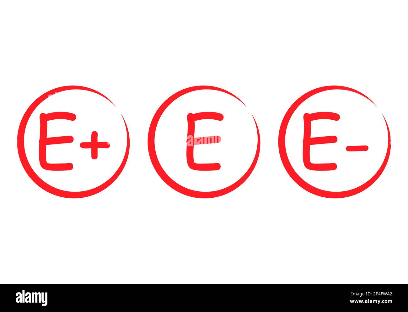 Set of Grade result E. Hand drawn icon in red circle. Test exam mark ...