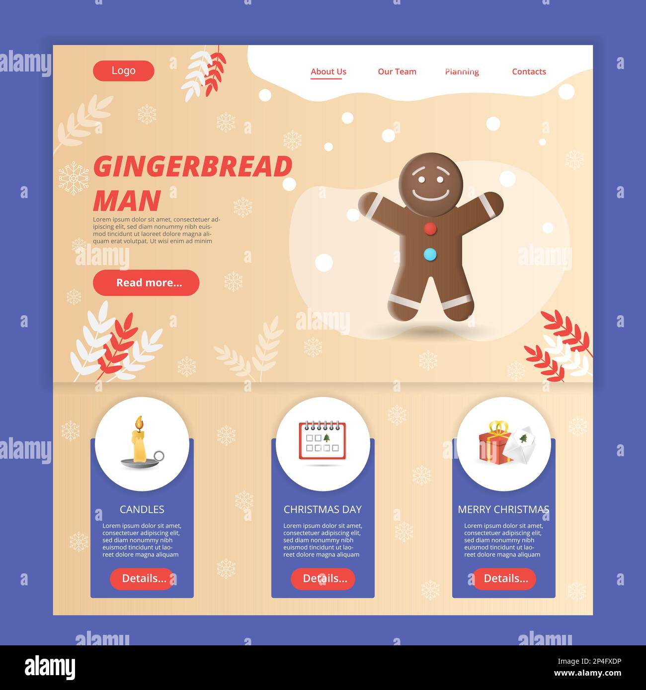 Gingerbread man flat landing page website template. Candles, christmas ...