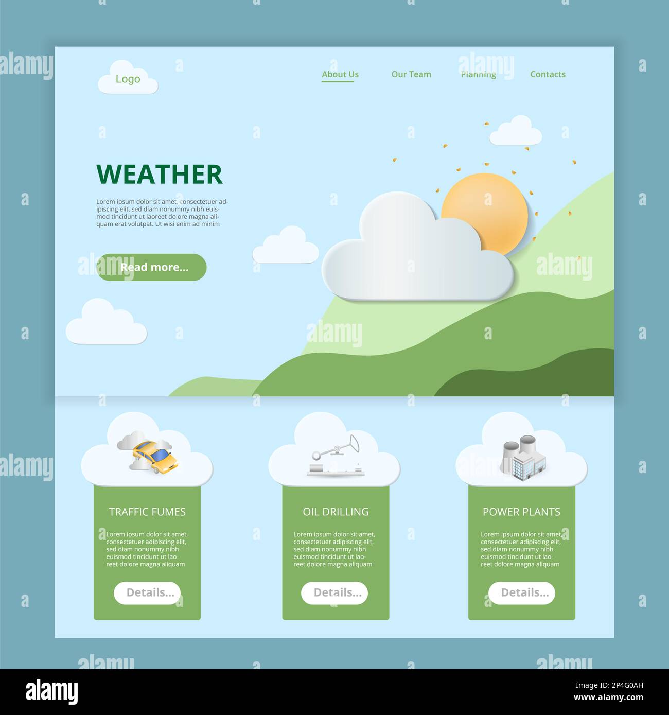 Weather flat landing page website template. Traffic fumes, oil drilling, power plants. Web ...