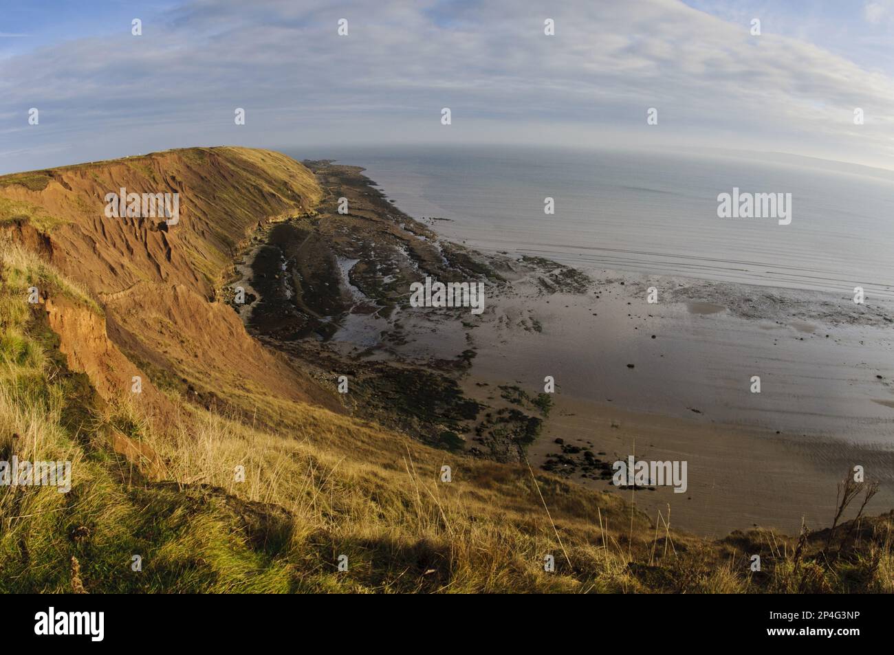 View of rocky coast, cliffs and sea, from the cliff top of Filey ...