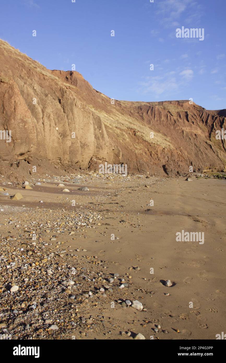 View of sea cliffs and pebbles on beach, Filey Bay, Filey, East ...