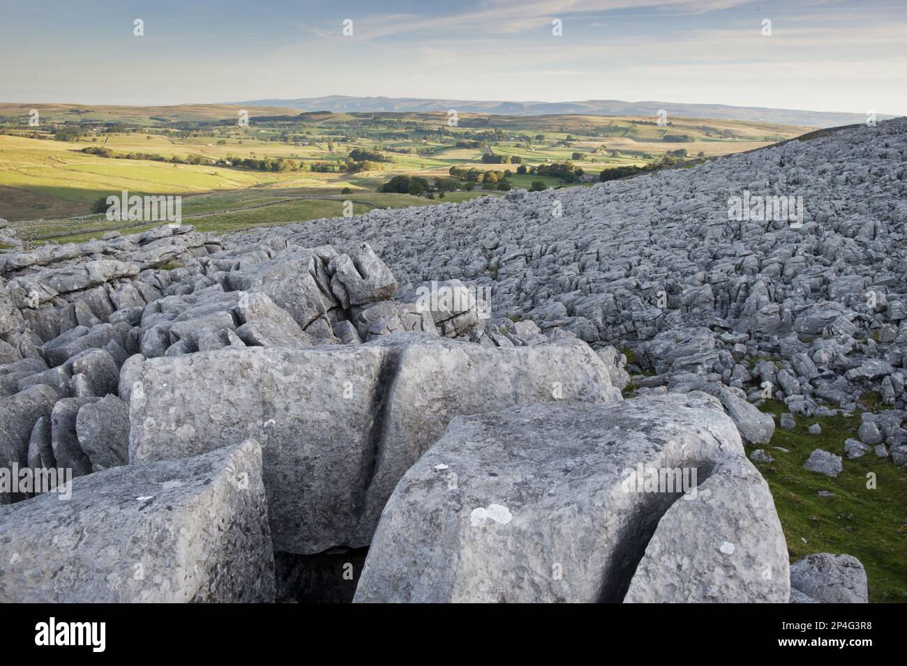 View of limestone pavement at sunrise, Fell End Clouds, looking towards ...