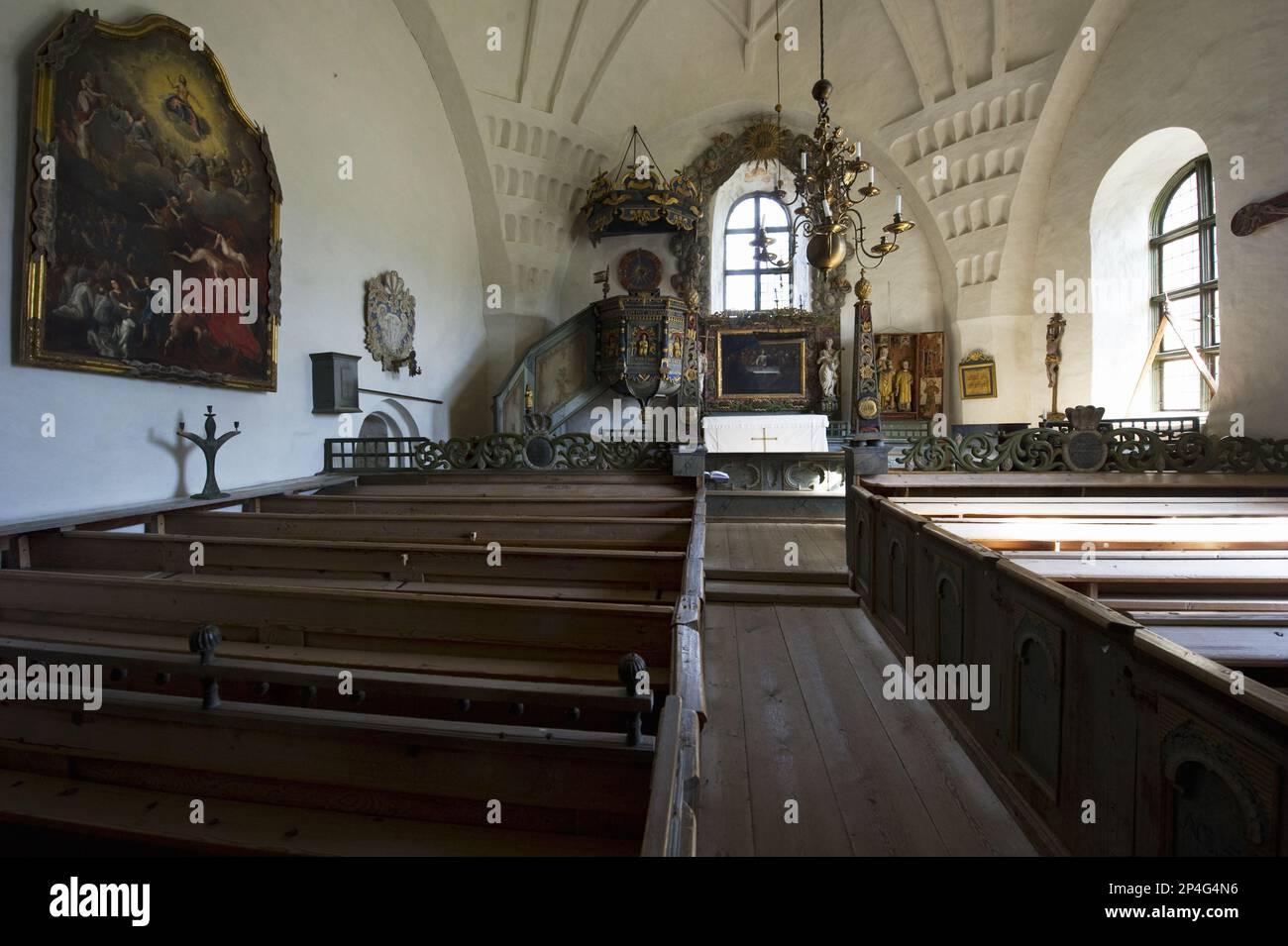 Interior of medieval church, Trono Old Church, Halsingland, Norrland ...