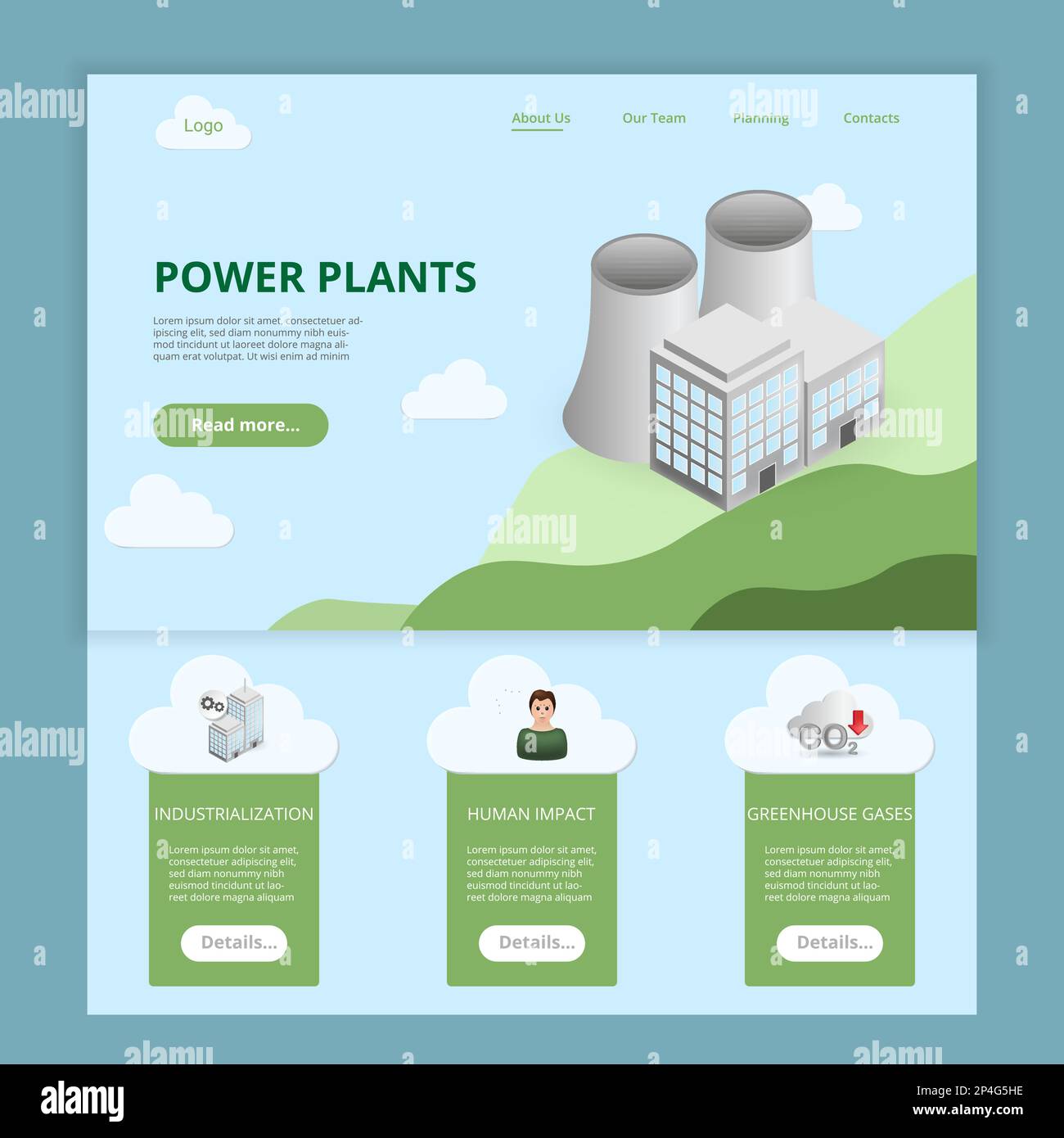Power plants flat landing page website template. Industrialization ...