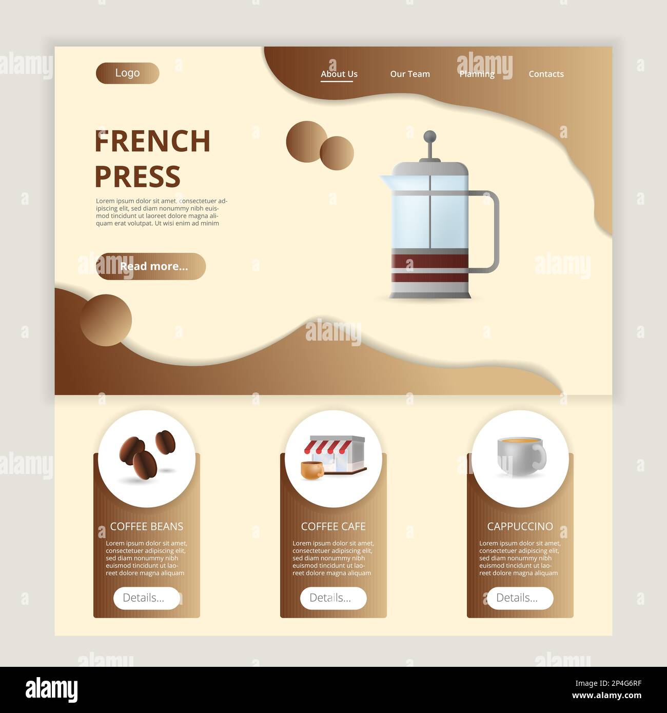 French press flat landing page website template. Coffee beans, coffee ...