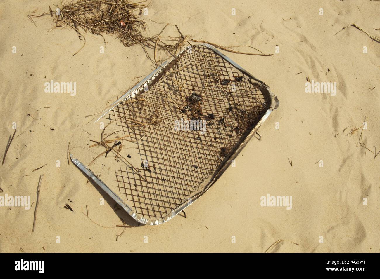 Disposable barbeque, litter on coastal sand dune, Studland, Dorset ...
