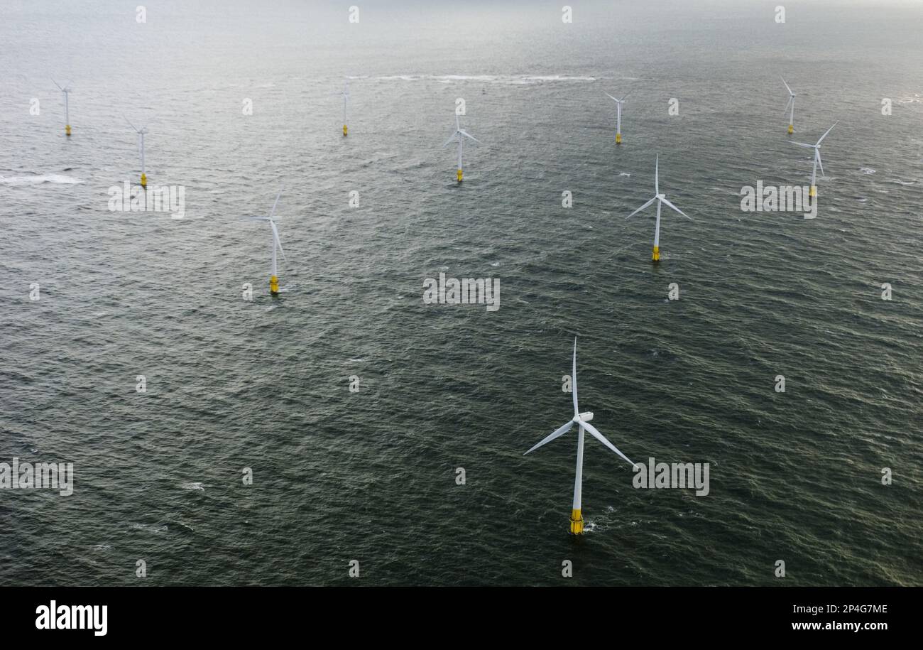 Aerial view of an offshore wind farm, wind turbines at sea, Scroby ...