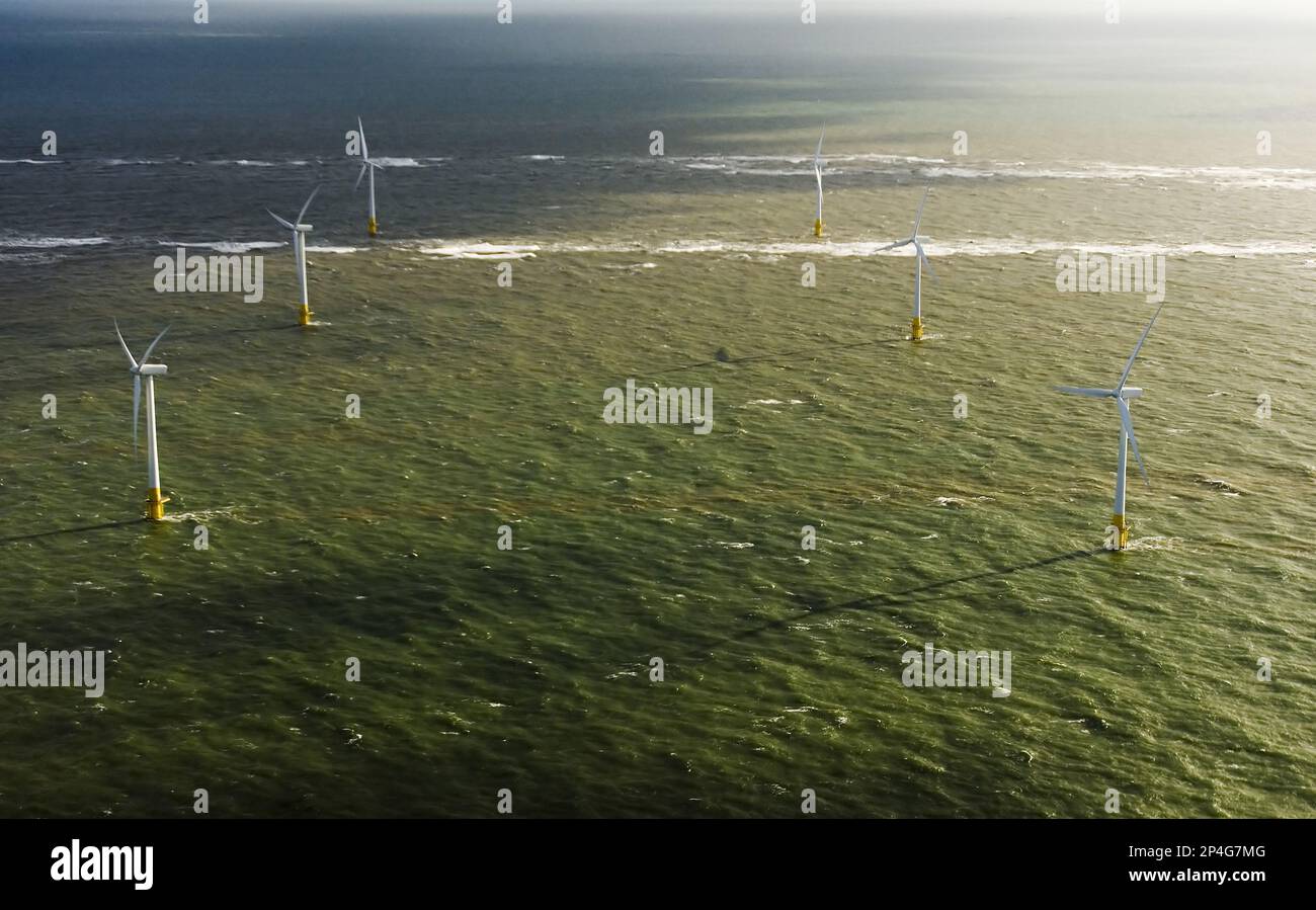 Aerial view of an offshore wind farm, wind turbines at sea, Scroby ...