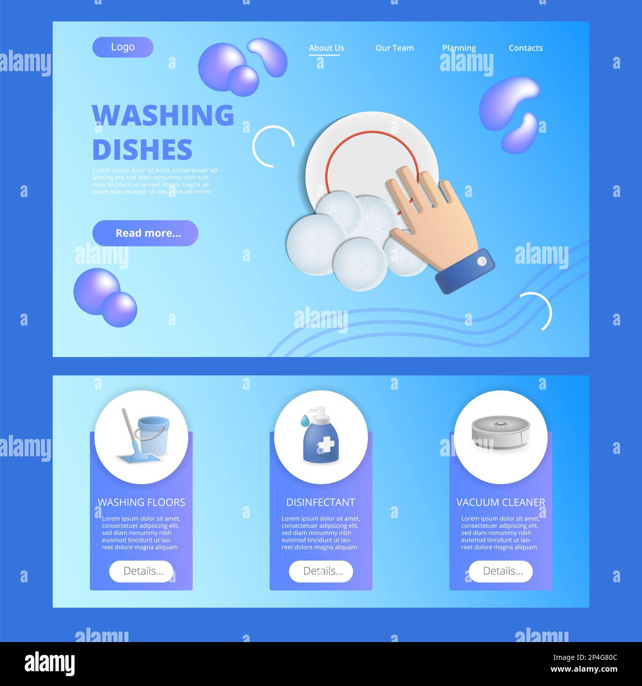 Washing dishes flat landing page website template. Washing floors ...
