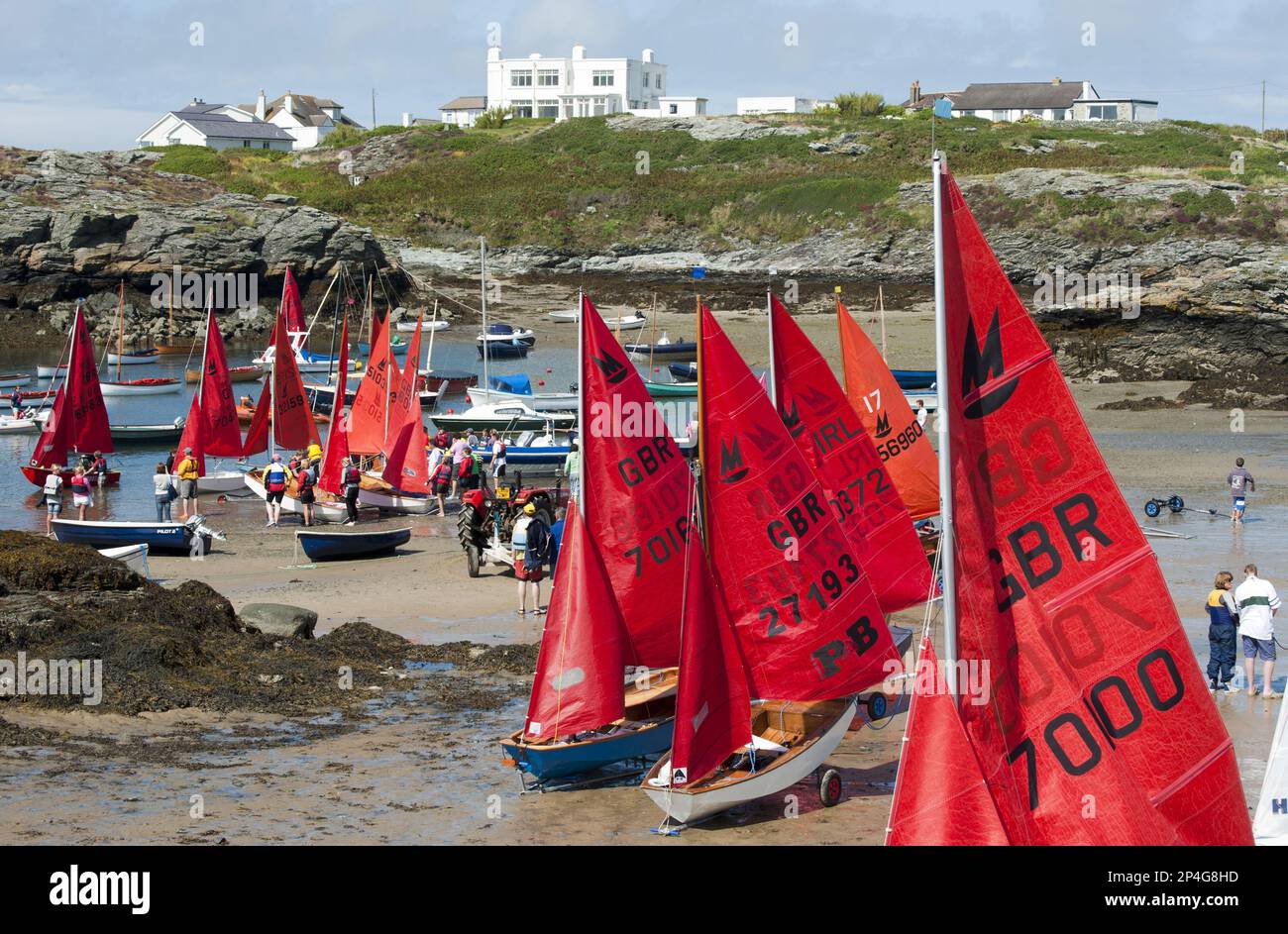 Dingys getting ready for sailing, Porth Diana, Trearddur Bay, Anglesey ...