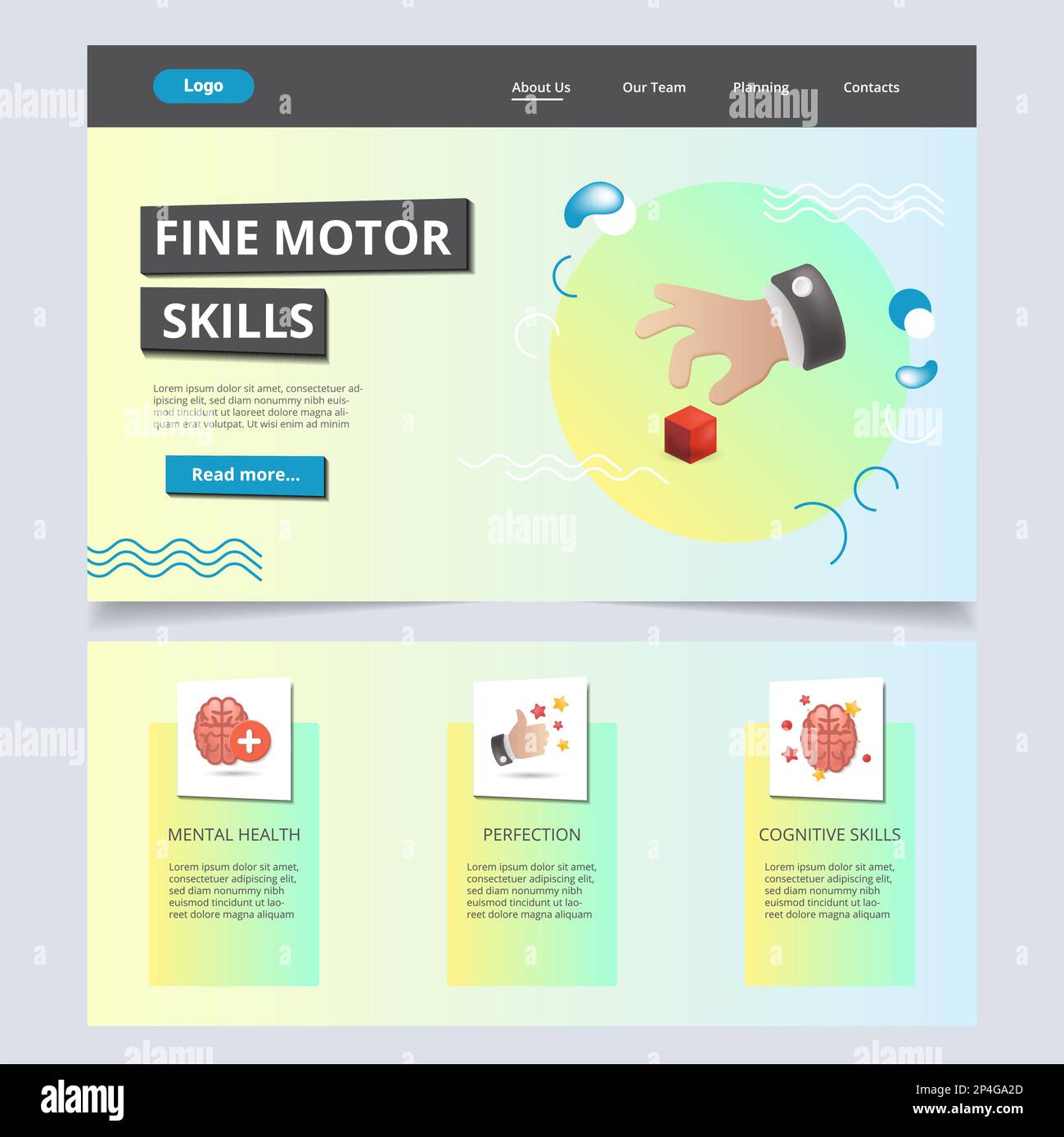 Fine motor skills flat landing page website template. Mental health ... Fine motor skills flat landing page website template. Mental health ...