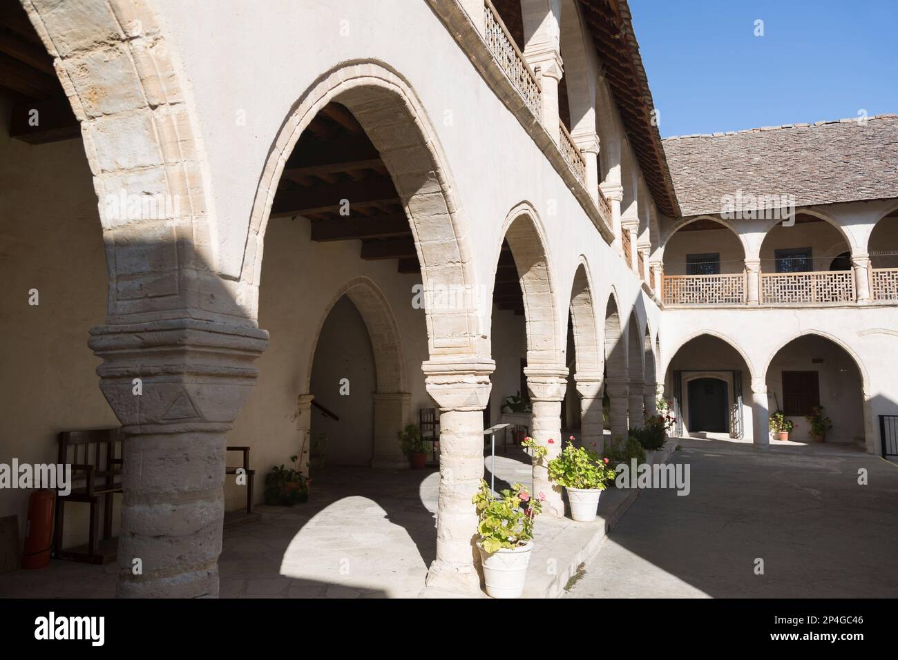 Cyprus, Omodos, walkways within Timios Stavros monastery Stock Photo ...