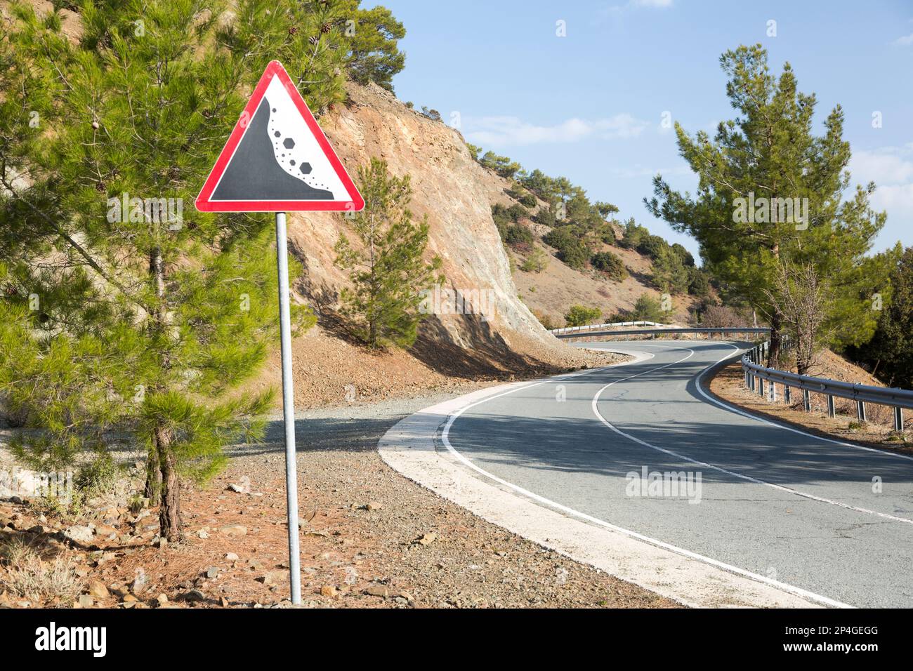 Cyprus, danger of rocks falling signs in the Troodos mountains Stock ...
