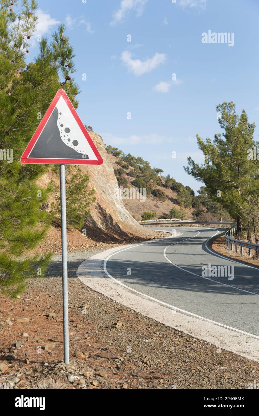 Cyprus, danger of rocks falling signs in the Troodos mountains Stock ...