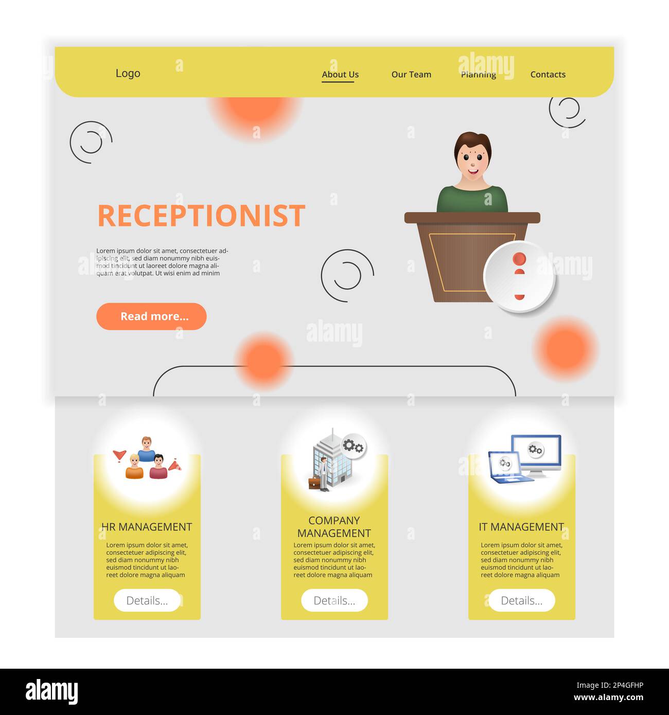 Receptionist Flat Landing Page Website Template. Hr Management, Company