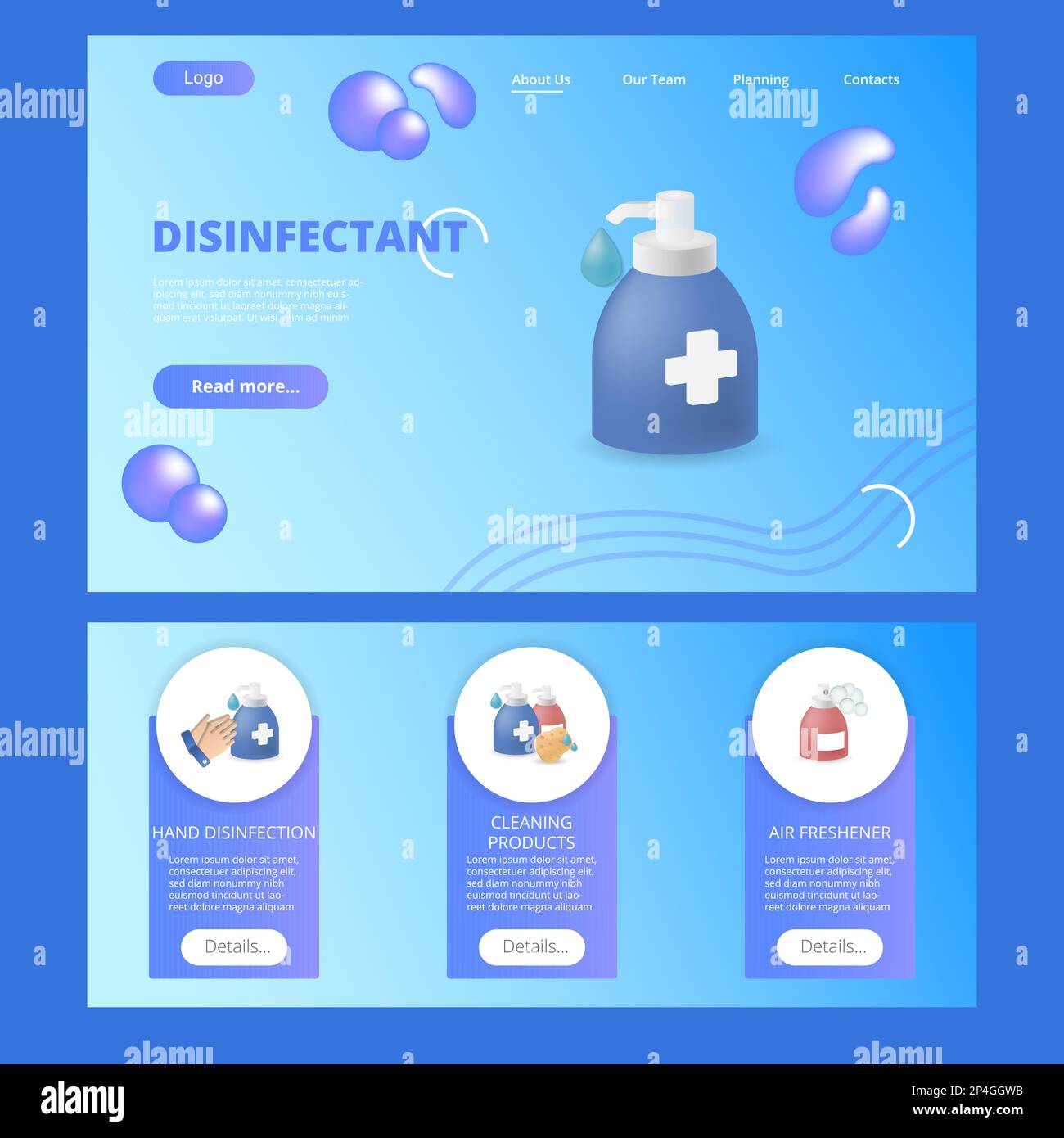 Disinfectant flat landing page website template. Hand disinfection ...