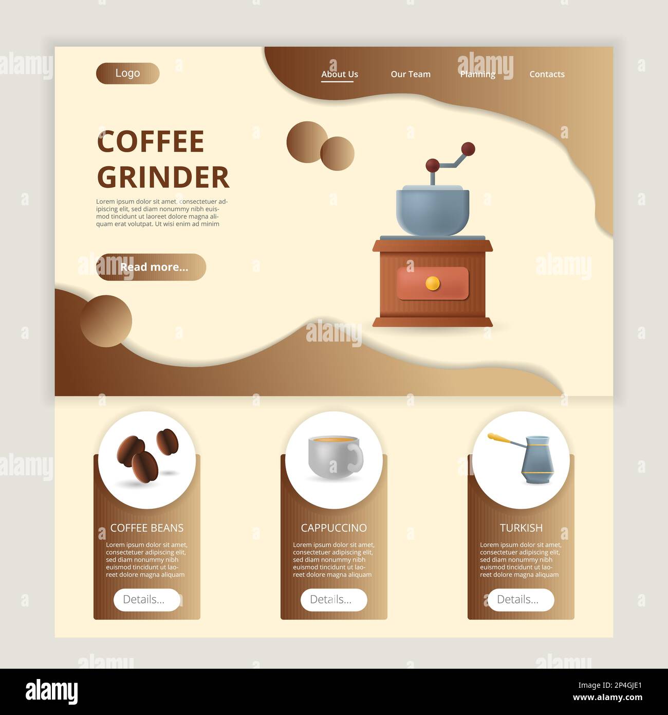 Coffee grinder flat landing page website template. Coffee beans ...