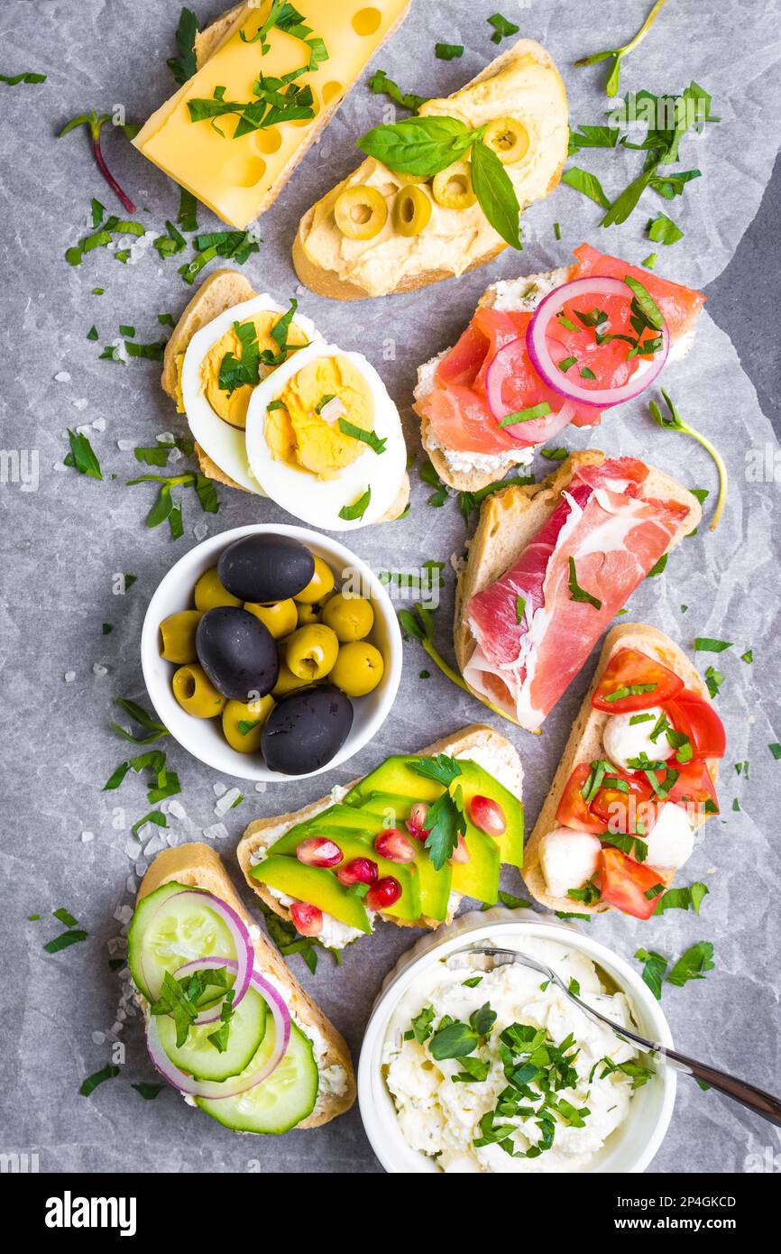 Assorted healthy sandwiches set background. Sandwich bar or buffet ...