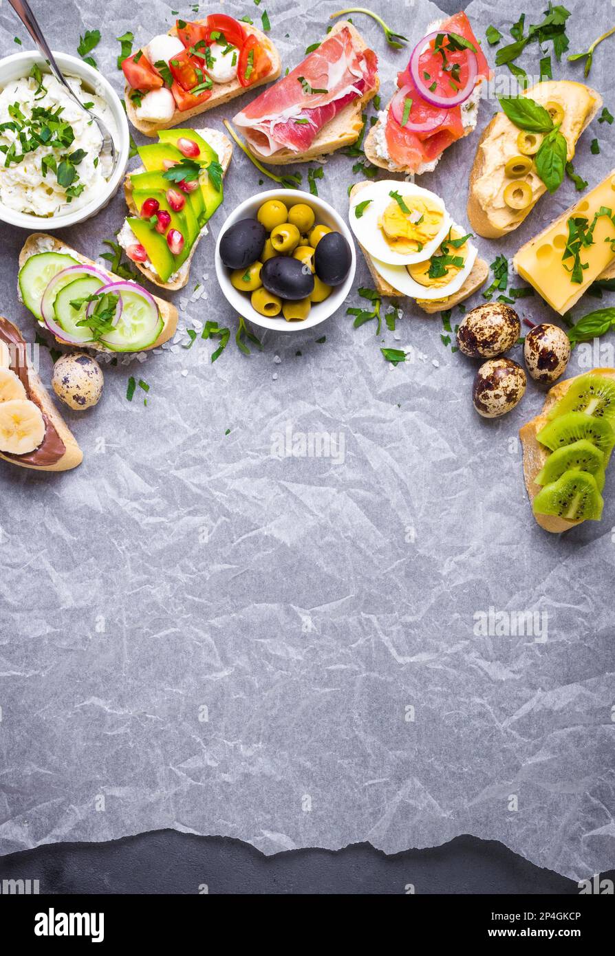 Assorted healthy sandwiches set background. Sandwich bar or buffet ...