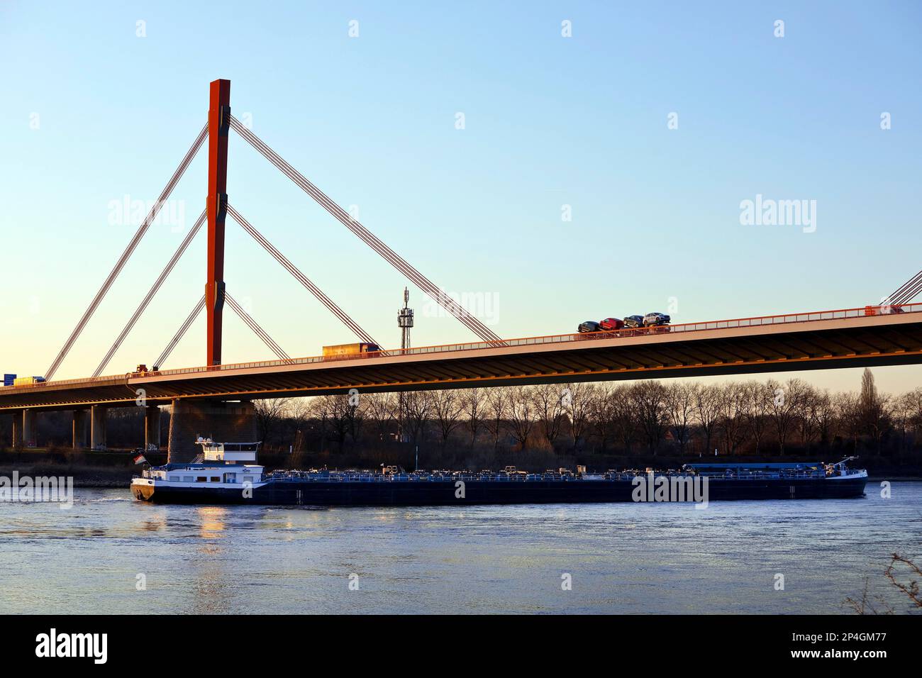 Ship traffic on the Rhine and motorway bridge A 42 with road traffic ...