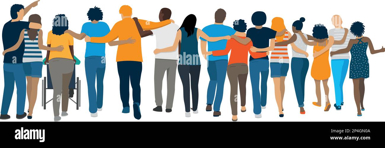 Panoramic illustration of a group of friends supporting each other and ...