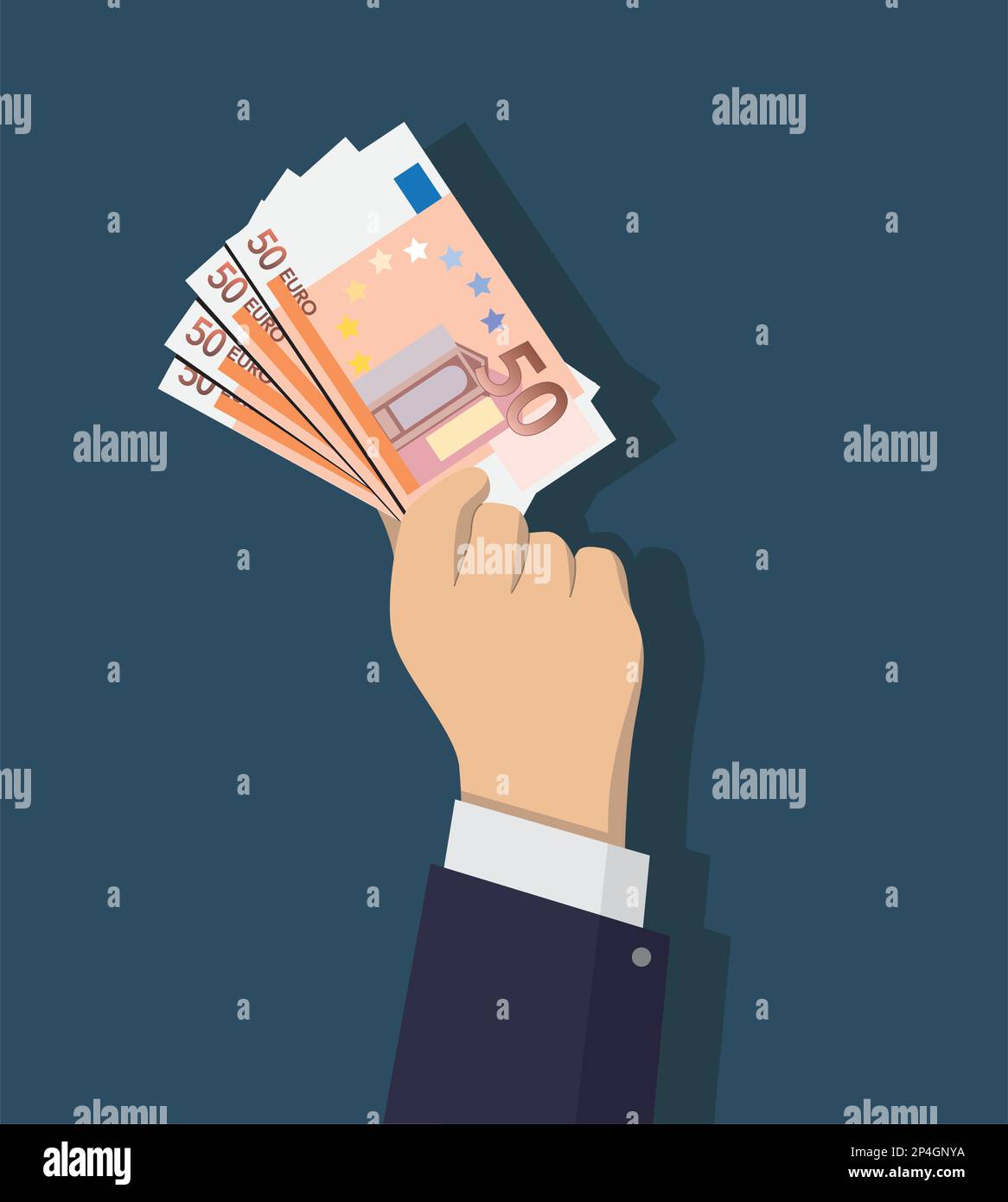 vector illustration of a mai holding up a wad of 50 euro banknotes ...
