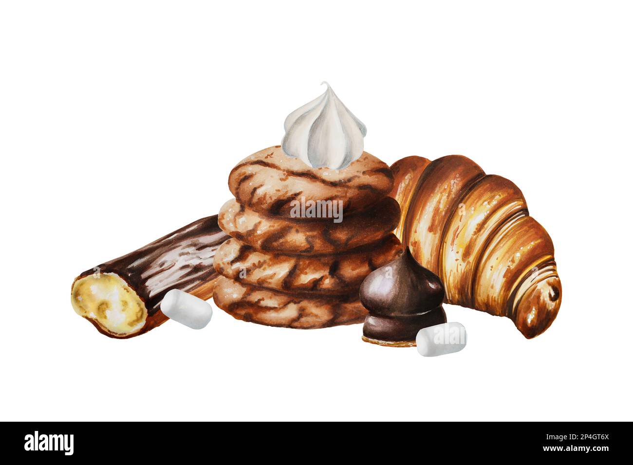 Watercolor composition with peanut biscuits, marshmallows in chocolate ...