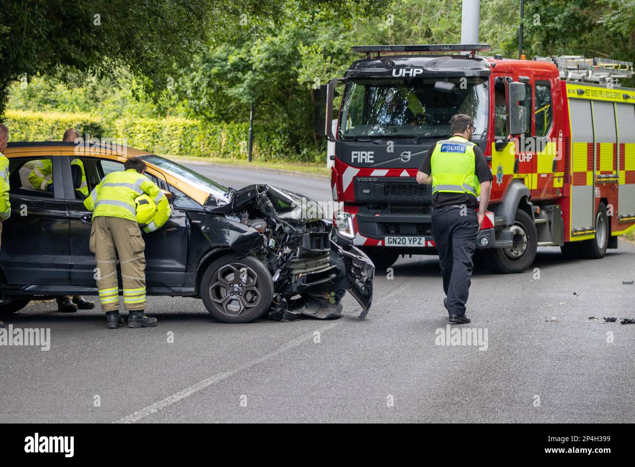 CRAWLEY WEST SUSSEX UK - JUL 02 2022: RTA Police and Fire brigade in ...
