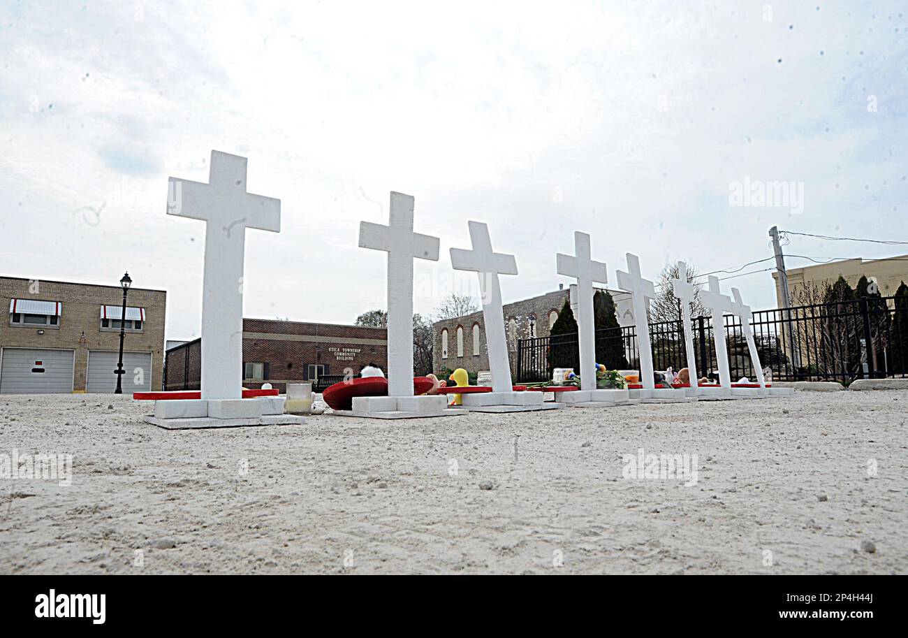 Eight crosses stand, Monday, April 21, 2014, in the parking lot which ...