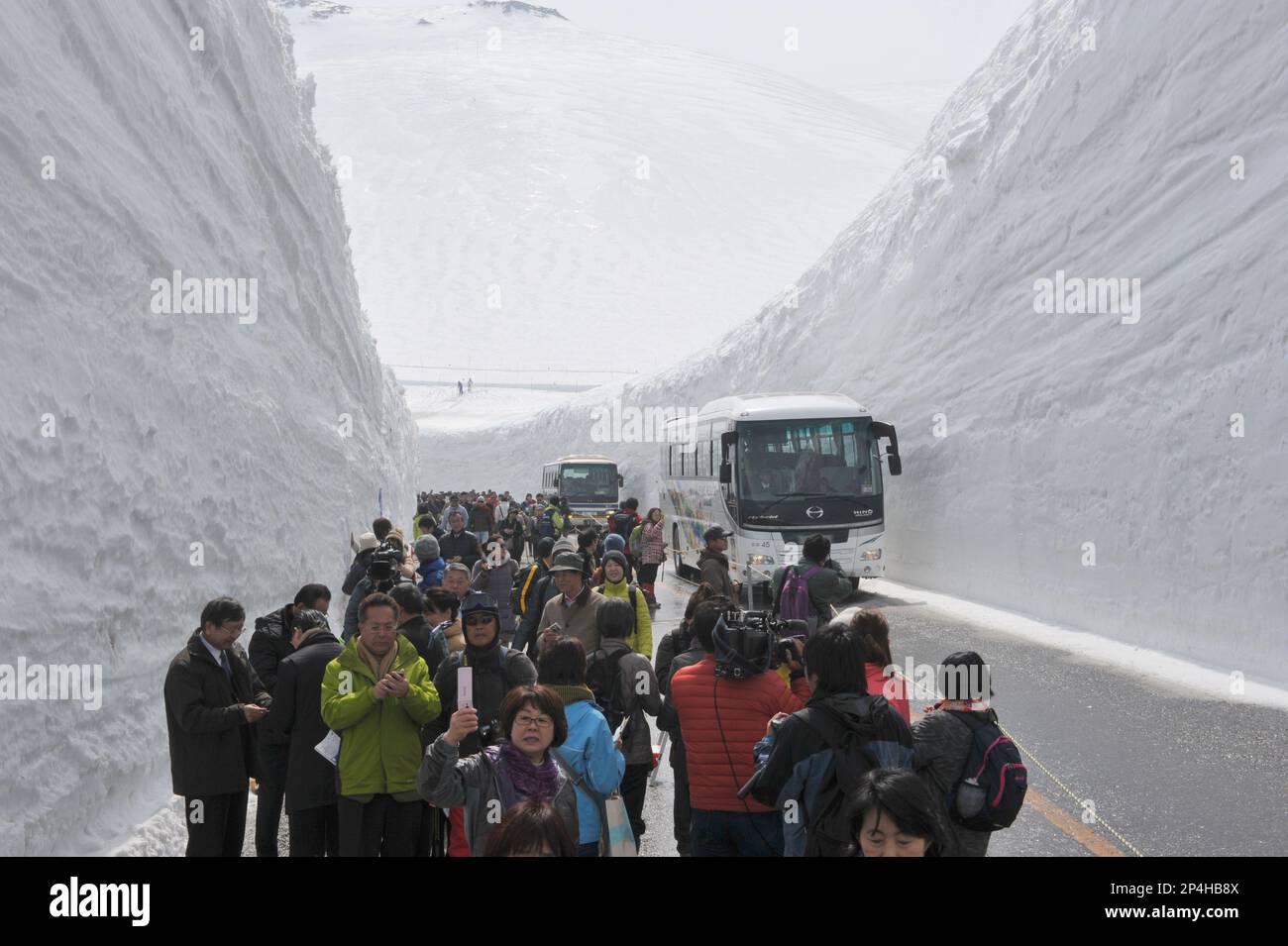 People enjoy viewing the 15-meter snow walls of the Yuki no Otani ...